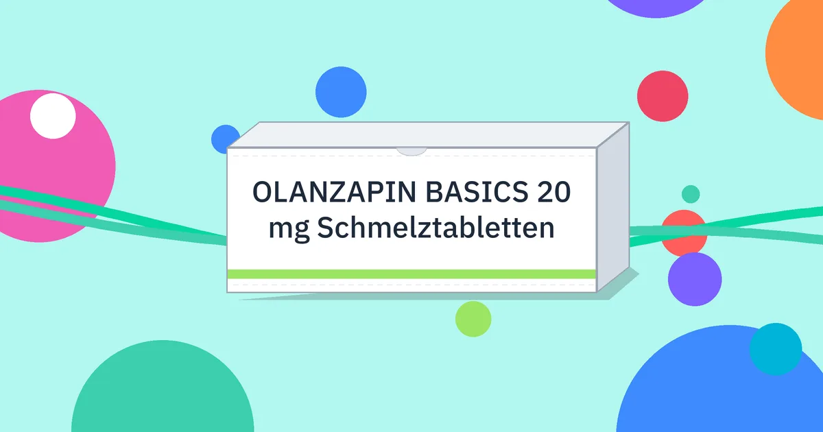 Symbolbild: Packung mit der Aufschrift OLANZAPIN BASICS 20 mg Schmelztabletten (PZN 08468079) – Verfügbarkeit und Bezug in Apotheken in Frankfurt am Main