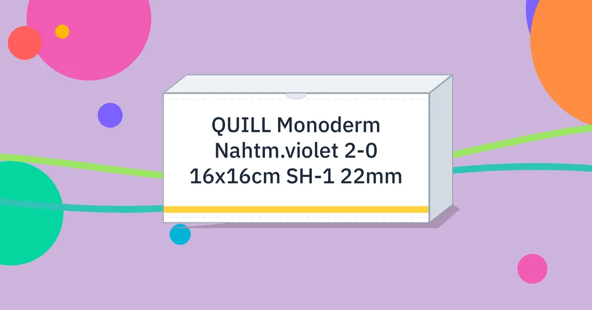 Symbolbild: Packung mit der Aufschrift QUILL Monoderm Nahtm.violet 2-0 16x16cm SH-1 22mm (PZN 17988470) – Verfügbarkeit und Bezug in Apotheken in Frankfurt am Main