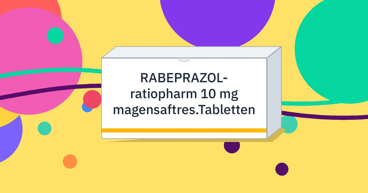 Symbolbild: Packung mit der Aufschrift RABEPRAZOL-ratiopharm 10 mg magensaftres.Tabletten (PZN 09723438) – Verfügbarkeit und Bezug in Apotheken in Frankfurt am Main