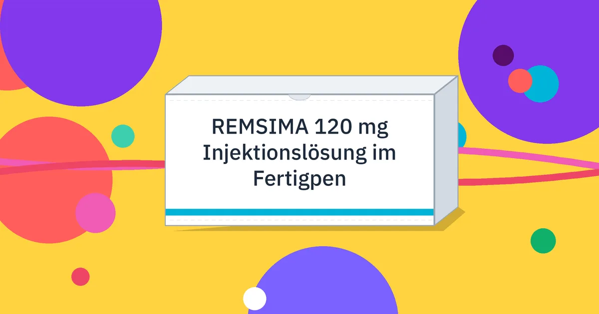 Symbolbild: Packung mit der Aufschrift REMSIMA 120 mg Injektionslösung im Fertigpen (PZN 18494221) – Verfügbarkeit und Bezug in Apotheken in Frankfurt am Main
