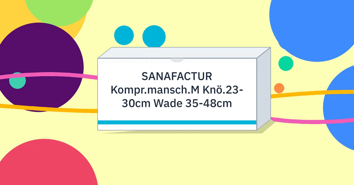 Symbolbild: Packung mit der Aufschrift SANAFACTUR Kompr.mansch.M Knö.23-30cm Wade 35-48cm (PZN 14258475) – Verfügbarkeit und Bezug in Apotheken in Frankfurt am Main