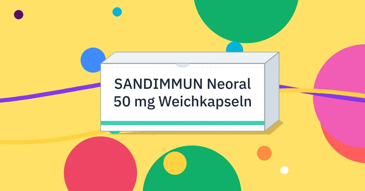 Symbolbild: Packung mit der Aufschrift SANDIMMUN Neoral 50 mg Weichkapseln (PZN 17825673) – Verfügbarkeit und Bezug in Apotheken in Frankfurt am Main