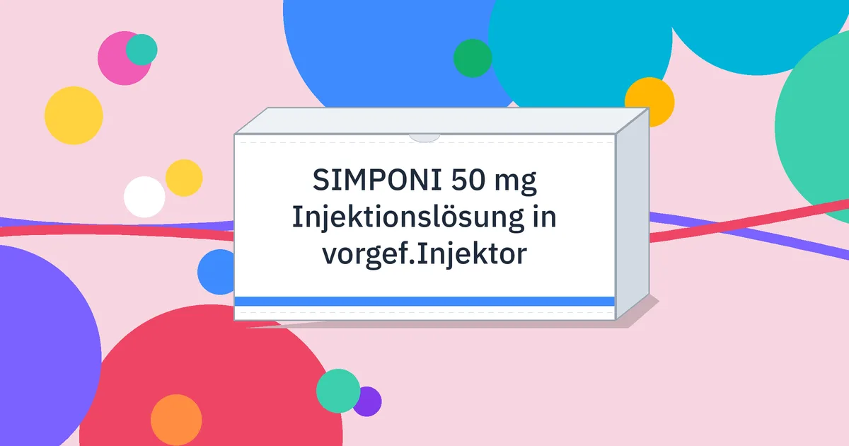Symbolbild: Packung mit der Aufschrift SIMPONI 50 mg Injektionslösung in vorgef.Injektor (PZN 11658576) – Verfügbarkeit und Bezug in Apotheken in Frankfurt am Main