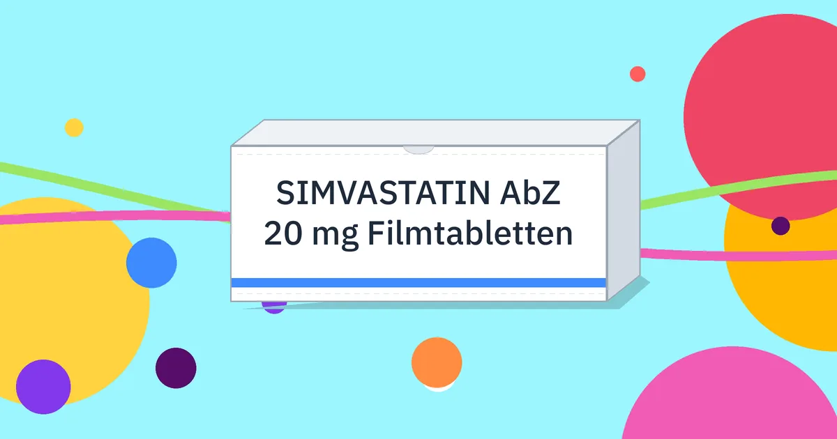 Symbolbild: Packung mit der Aufschrift SIMVASTATIN AbZ 20 mg Filmtabletten (PZN 00014172) – Verfügbarkeit und Bezug in Apotheken in Frankfurt am Main