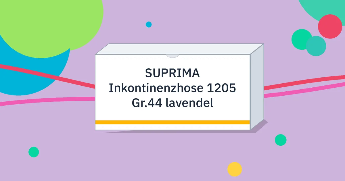 Symbolbild: Packung mit der Aufschrift SUPRIMA Inkontinenzhose 1205 Gr.44 lavendel (PZN 01634250) – Verfügbarkeit und Bezug in Apotheken in Frankfurt am Main