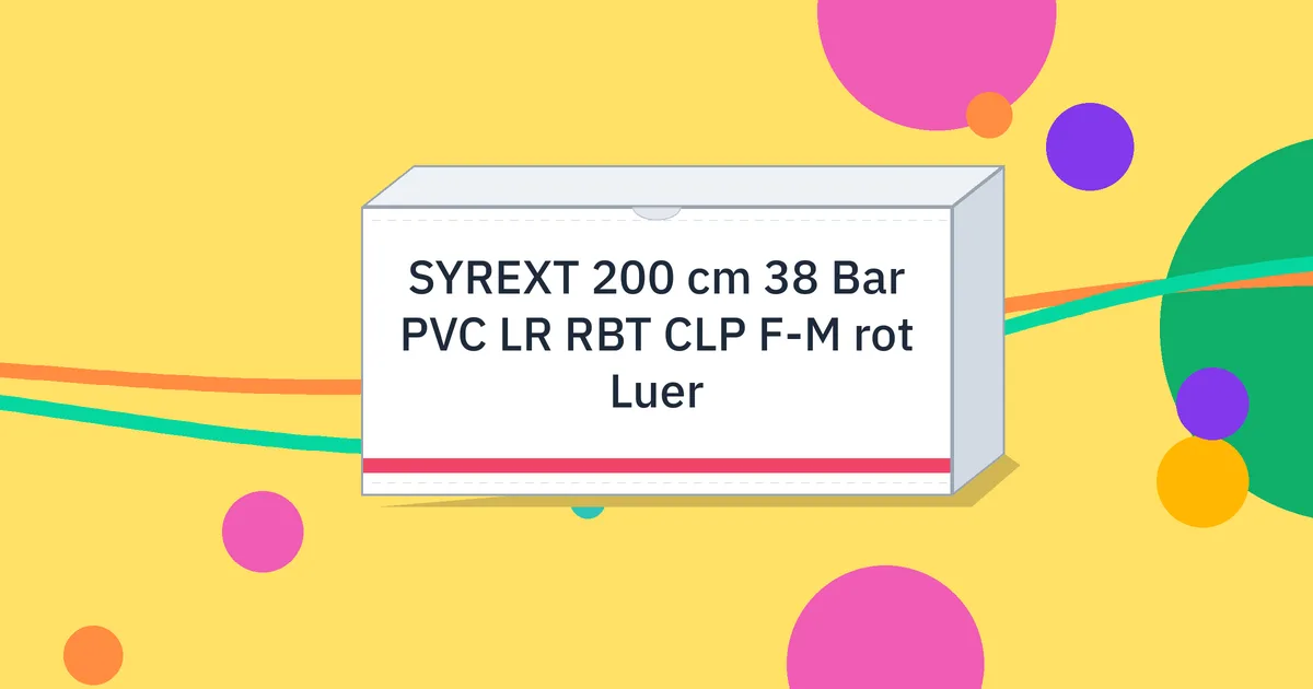 Symbolbild: Packung mit der Aufschrift SYREXT 200 cm 38 Bar PVC LR RBT CLP F-M rot Luer (PZN 17898790) – Verfügbarkeit und Bezug in Apotheken in Frankfurt am Main
