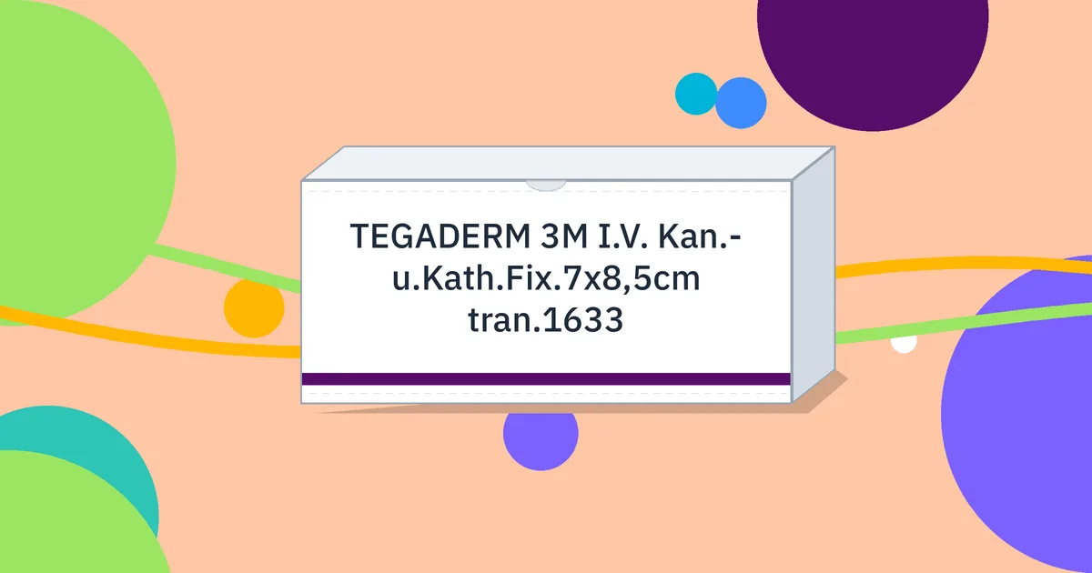 Symbolbild: Packung mit der Aufschrift TEGADERM 3M I.V. Kan.-u.Kath.Fix.7x8,5cm tran.1633 (PZN 18378325) – Verfügbarkeit und Bezug in Apotheken in Frankfurt am Main