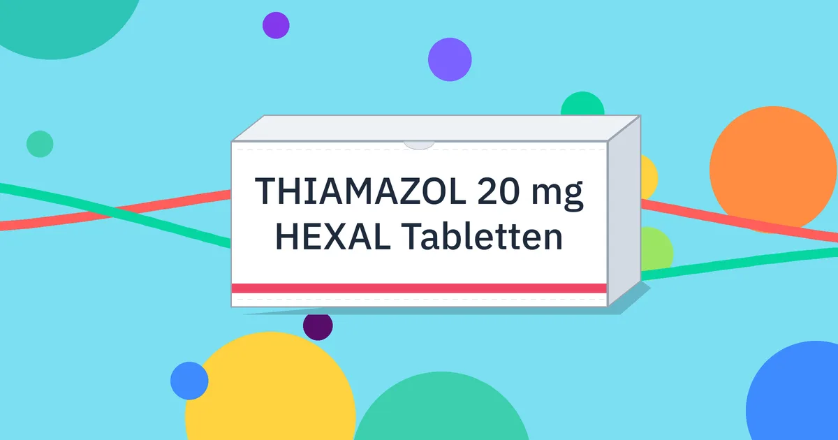 Symbolbild: Packung mit der Aufschrift THIAMAZOL 20 mg HEXAL Tabletten (PZN 01680729) – Verfügbarkeit und Bezug in Apotheken in Frankfurt am Main