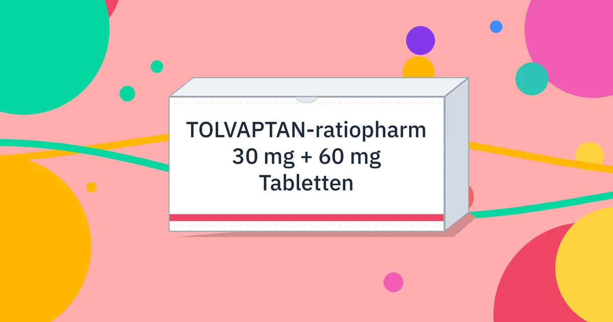 Symbolbild: Packung mit der Aufschrift TOLVAPTAN-ratiopharm 30 mg + 60 mg Tabletten (PZN 19542784) – Verfügbarkeit und Bezug in Apotheken in Frankfurt am Main