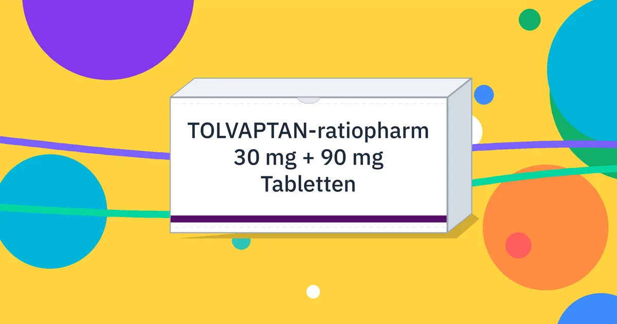 Symbolbild: Packung mit der Aufschrift TOLVAPTAN-ratiopharm 30 mg + 90 mg Tabletten (PZN 19630146) – Verfügbarkeit und Bezug in Apotheken in Frankfurt am Main