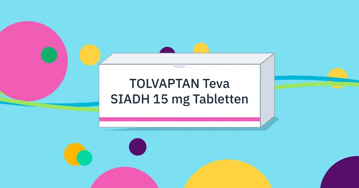 Symbolbild: Packung mit der Aufschrift TOLVAPTAN Teva SIADH 15 mg Tabletten (PZN 19155248) – Verfügbarkeit und Bezug in Apotheken in Frankfurt am Main