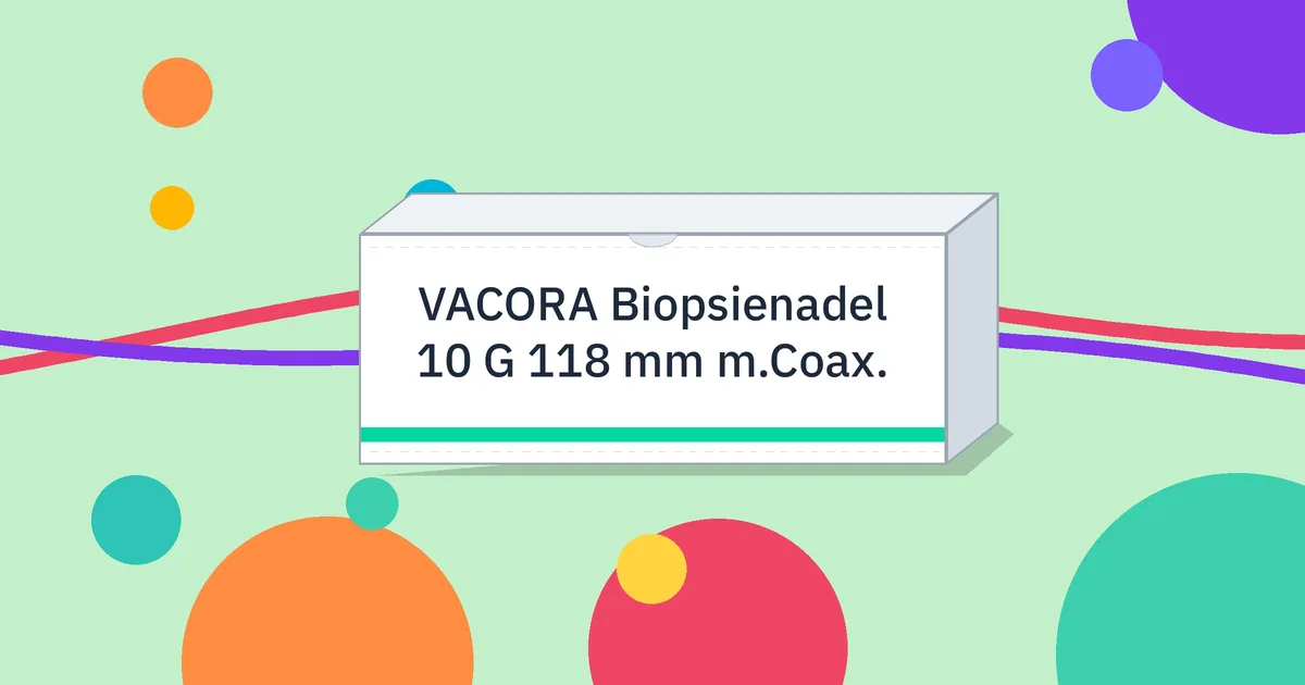 Symbolbild: Packung mit der Aufschrift VACORA Biopsienadel 10 G 118 mm m.Coax. (PZN 07781006) – Verfügbarkeit und Bezug in Apotheken in Frankfurt am Main