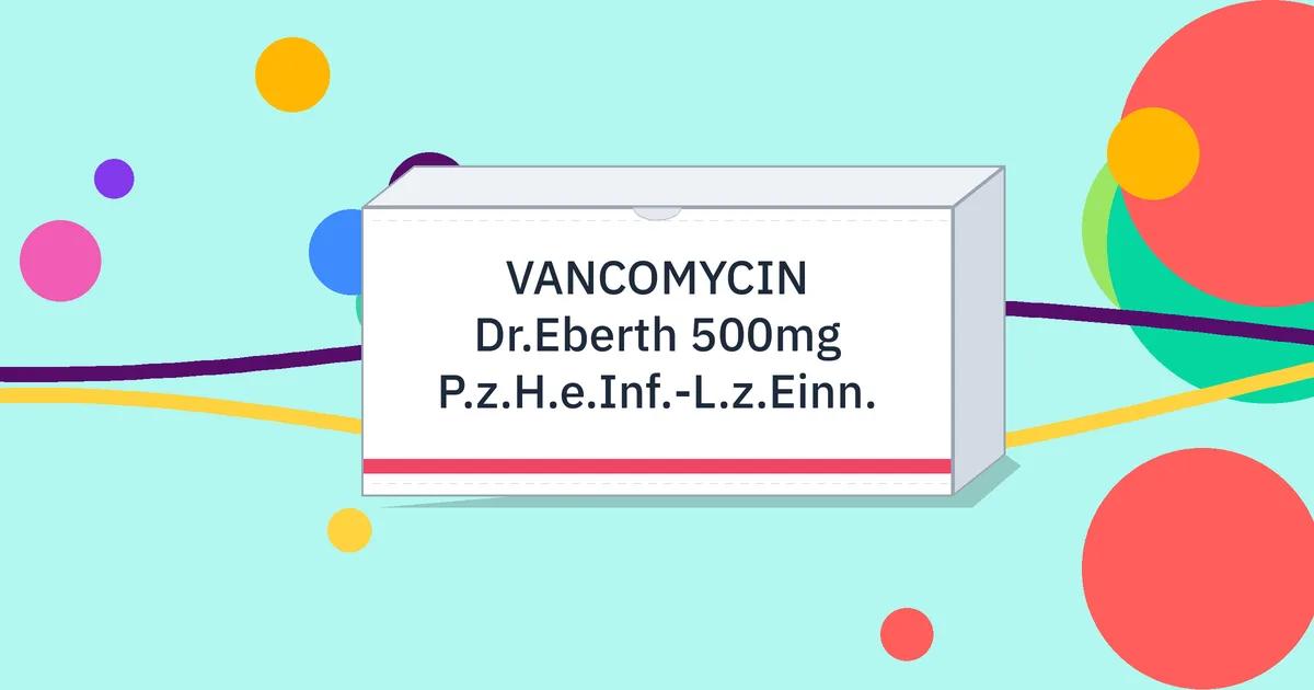 Symbolbild: Packung mit der Aufschrift VANCOMYCIN Dr.Eberth 500mg P.z.H.e.Inf.-L.z.Einn. (PZN 12472448) – Verfügbarkeit und Bezug in Apotheken in Frankfurt am Main