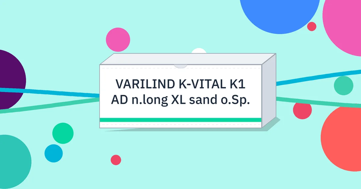 Symbolbild: Packung mit der Aufschrift VARILIND K-VITAL K1 AD n.long XL sand o.Sp. (PZN 20566086) – Verfügbarkeit und Bezug in Apotheken in Frankfurt am Main