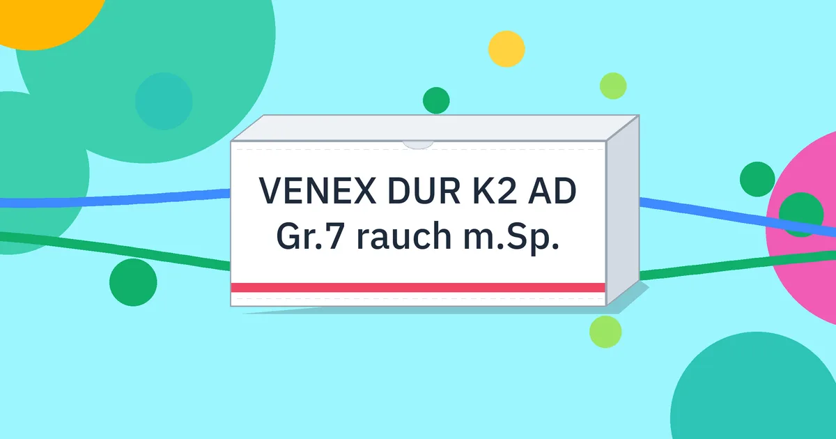 Symbolbild: Packung mit der Aufschrift VENEX DUR K2 AD Gr.7 rauch m.Sp. (PZN 03208646) – Verfügbarkeit und Bezug in Apotheken in Frankfurt am Main
