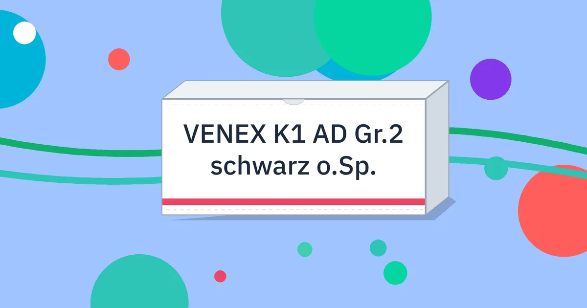 Symbolbild: Packung mit der Aufschrift VENEX K1 AD Gr.2 schwarz o.Sp. (PZN 03186092) – Verfügbarkeit und Bezug in Apotheken in Frankfurt am Main