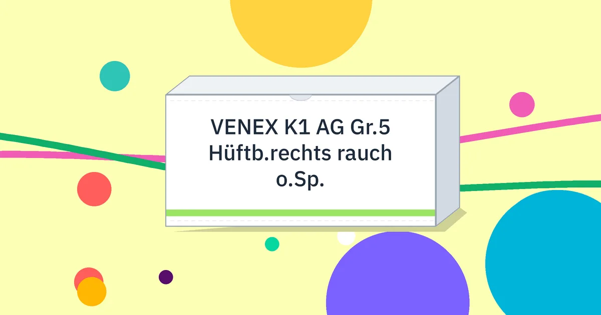 Symbolbild: Packung mit der Aufschrift VENEX K1 AG Gr.5 Hüftb.rechts rauch o.Sp. (PZN 03207210) – Verfügbarkeit und Bezug in Apotheken in Frankfurt am Main
