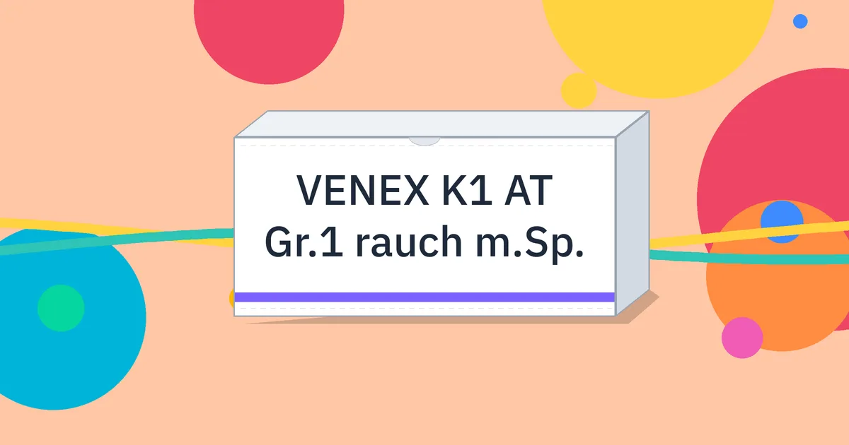 Symbolbild: Packung mit der Aufschrift VENEX K1 AT Gr.1 rauch m.Sp. (PZN 03194654) – Verfügbarkeit und Bezug in Apotheken in Frankfurt am Main