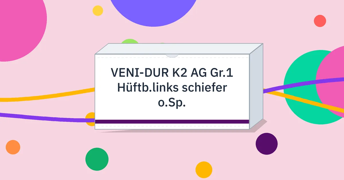 Symbolbild: Packung mit der Aufschrift VENI-DUR K2 AG Gr.1 Hüftb.links schiefer o.Sp. (PZN 03253919) – Verfügbarkeit und Bezug in Apotheken in Frankfurt am Main