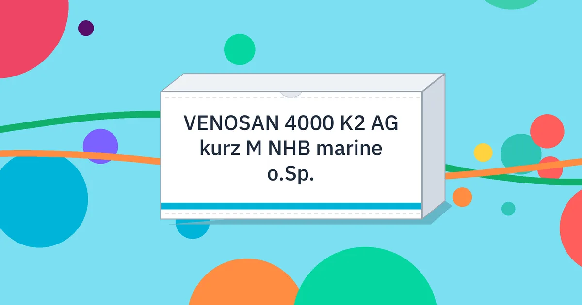 Symbolbild: Packung mit der Aufschrift VENOSAN 4000 K2 AG kurz M NHB marine o.Sp. (PZN 16602379) – Verfügbarkeit und Bezug in Apotheken in Frankfurt am Main