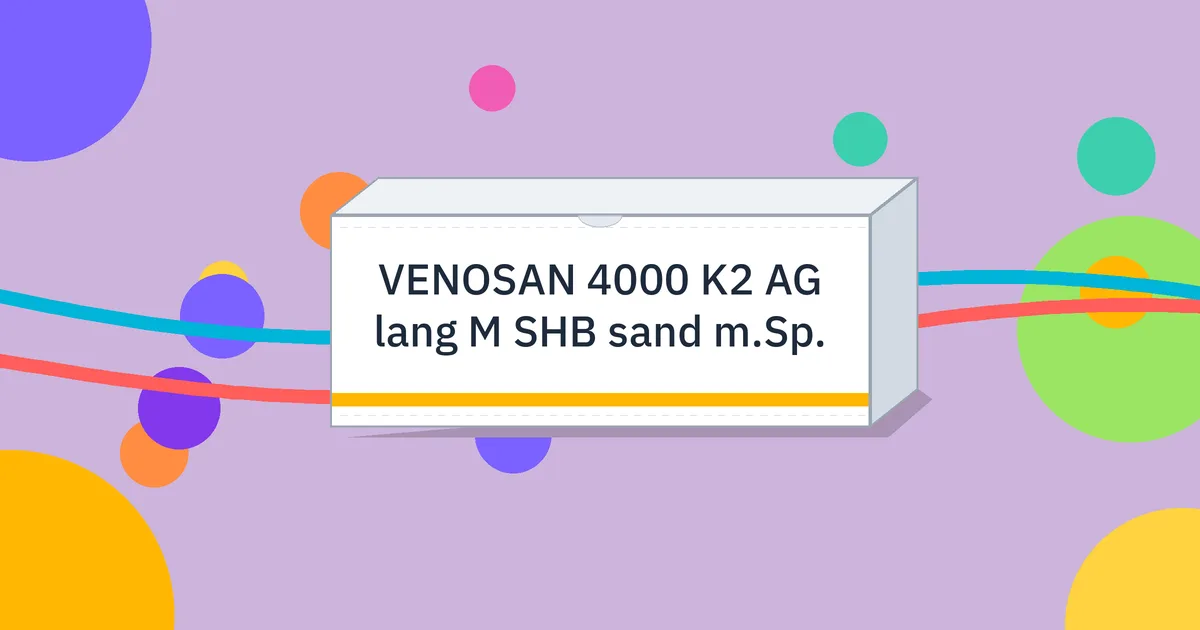 Symbolbild: Packung mit der Aufschrift VENOSAN 4000 K2 AG lang M SHB sand m.Sp. (PZN 14422615) – Verfügbarkeit und Bezug in Apotheken in Frankfurt am Main
