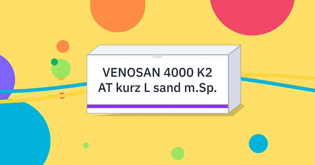 Symbolbild: Packung mit der Aufschrift VENOSAN 4000 K2 AT kurz L sand m.Sp. (PZN 14422578) – Verfügbarkeit und Bezug in Apotheken in Frankfurt am Main
