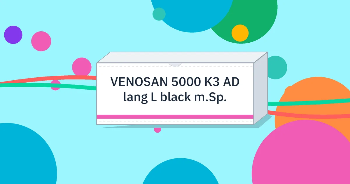 Symbolbild: Packung mit der Aufschrift VENOSAN 5000 K3 AD lang L black m.Sp. (PZN 14433926) – Verfügbarkeit und Bezug in Apotheken in Frankfurt am Main