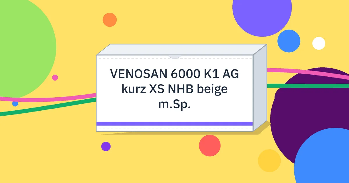 Symbolbild: Packung mit der Aufschrift VENOSAN 6000 K1 AG kurz XS NHB beige m.Sp. (PZN 17171616) – Verfügbarkeit und Bezug in Apotheken in Frankfurt am Main