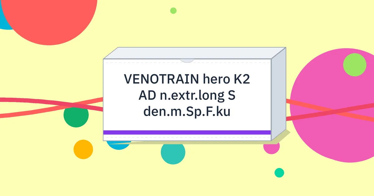 Symbolbild: Packung mit der Aufschrift VENOTRAIN hero K2 AD n.extr.long S den.m.Sp.F.ku (PZN 19190813) – Verfügbarkeit und Bezug in Apotheken in Frankfurt am Main