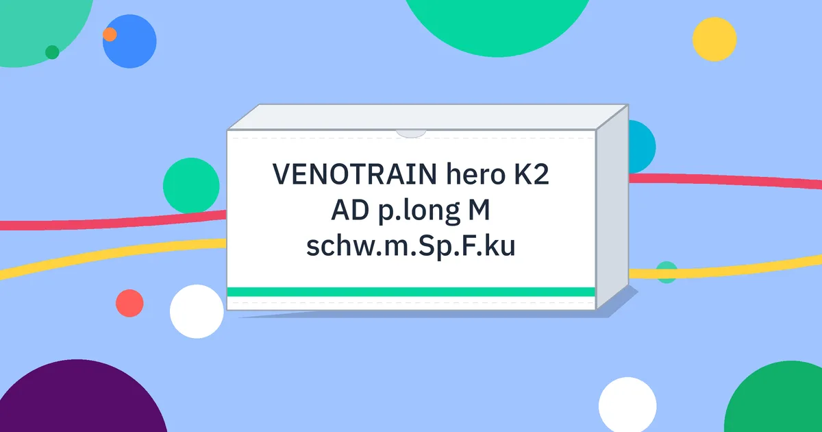 Symbolbild: Packung mit der Aufschrift VENOTRAIN hero K2 AD p.long M schw.m.Sp.F.ku (PZN 19189744) – Verfügbarkeit und Bezug in Apotheken in Frankfurt am Main