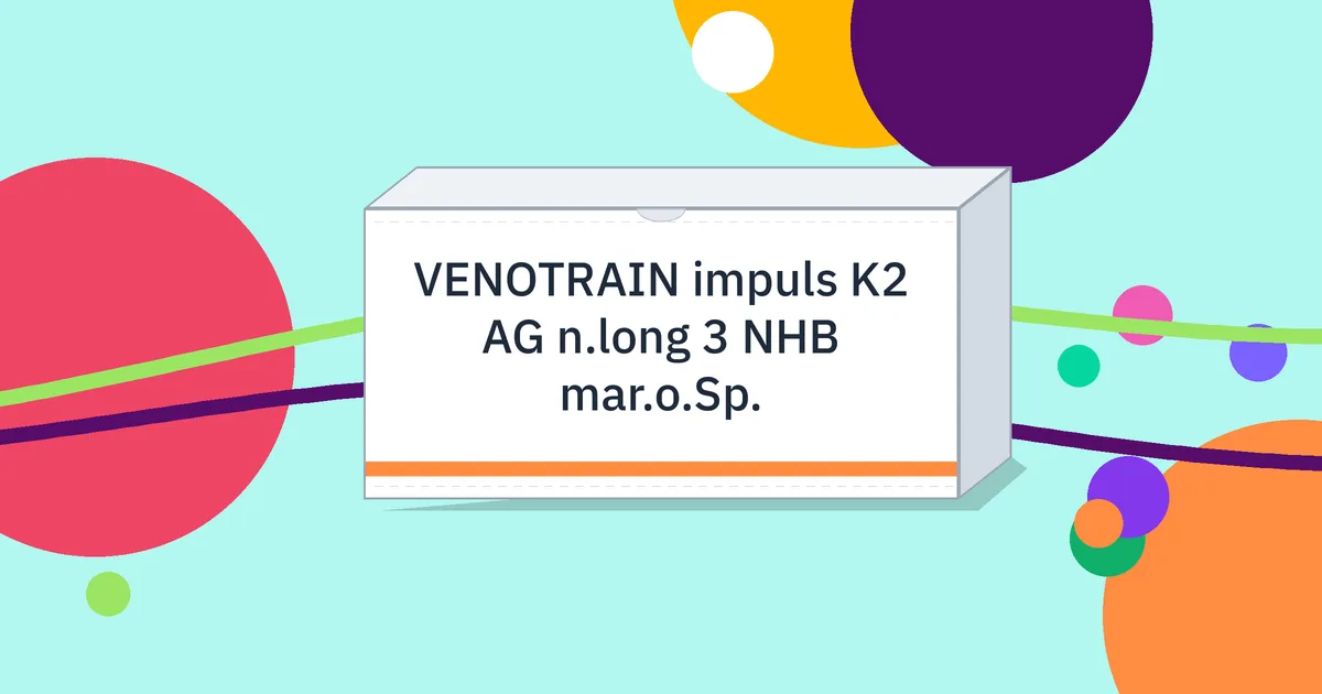 Symbolbild: Packung mit der Aufschrift VENOTRAIN impuls K2 AG n.long 3 NHB mar.o.Sp. (PZN 15214422) – Verfügbarkeit und Bezug in Apotheken in Frankfurt am Main