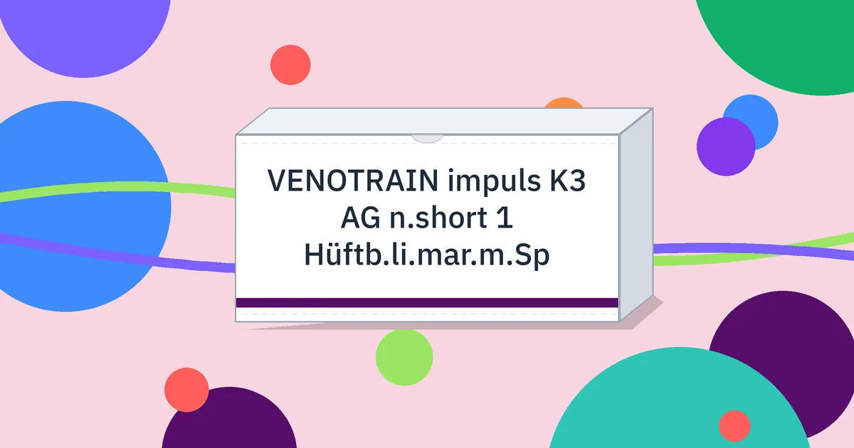 Symbolbild: Packung mit der Aufschrift VENOTRAIN impuls K3 AG n.short 1 Hüftb.li.mar.m.Sp (PZN 15219922) – Verfügbarkeit und Bezug in Apotheken in Frankfurt am Main