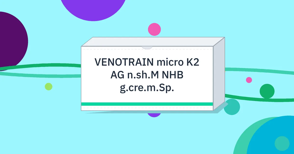 Symbolbild: Packung mit der Aufschrift VENOTRAIN micro K2 AG n.sh.M NHB g.cre.m.Sp. (PZN 05998977) – Verfügbarkeit und Bezug in Apotheken in Frankfurt am Main