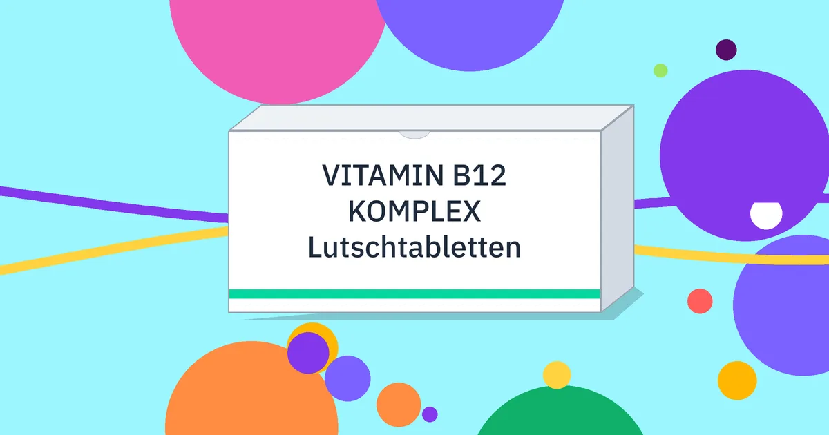 Symbolbild: Packung mit der Aufschrift VITAMIN B12 KOMPLEX Lutschtabletten (PZN 11267634) – Verfügbarkeit und Bezug in Apotheken in Frankfurt am Main