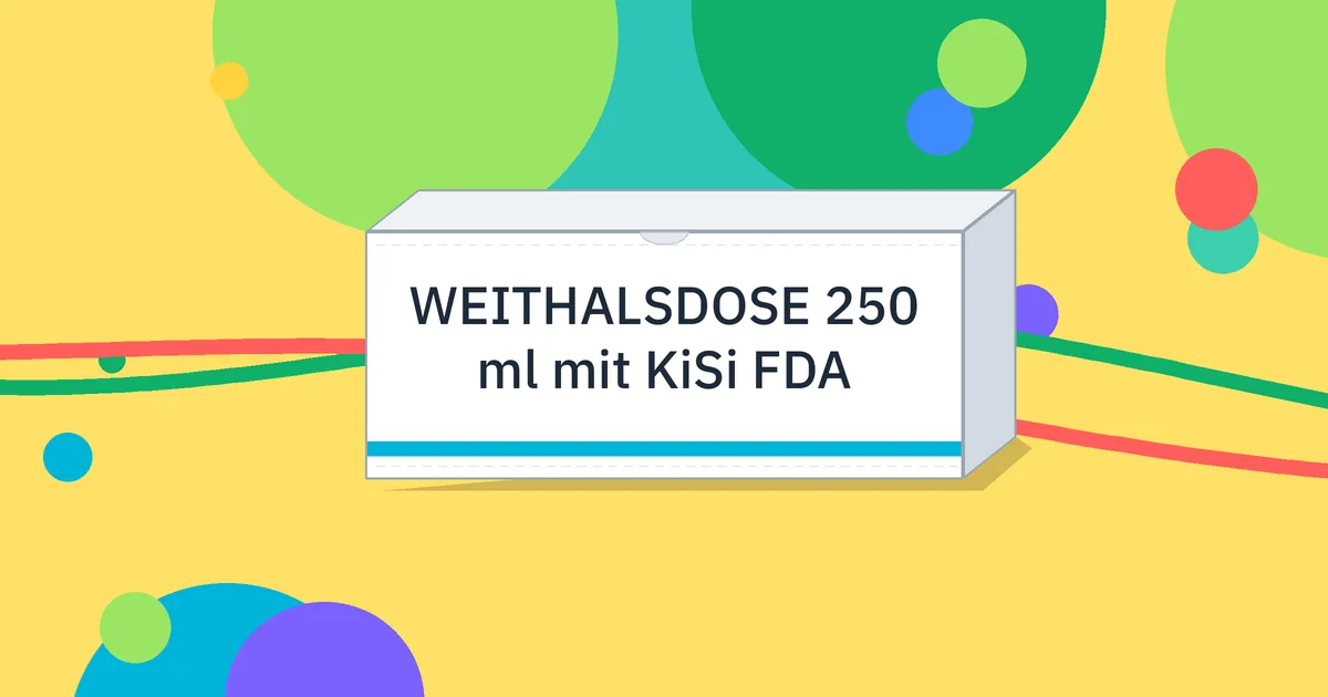 Symbolbild: Packung mit der Aufschrift WEITHALSDOSE 250 ml mit KiSi FDA (PZN 18364659) – Verfügbarkeit und Bezug in Apotheken in Frankfurt am Main