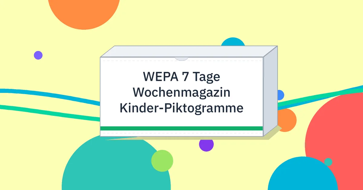 Symbolbild: Packung mit der Aufschrift WEPA 7 Tage Wochenmagazin Kinder-Piktogramme (PZN 18877985) – Verfügbarkeit und Bezug in Apotheken in Frankfurt am Main