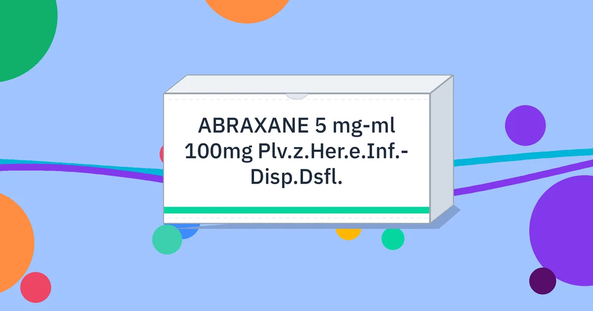 Symbolbild: Packung mit der Aufschrift ABRAXANE 5 mg-ml 100mg Plv.z.Her.e.Inf.-Disp.Dsfl. (PZN 07536749) – Verfügbarkeit und Bezug in Apotheken in Frankfurt am Main