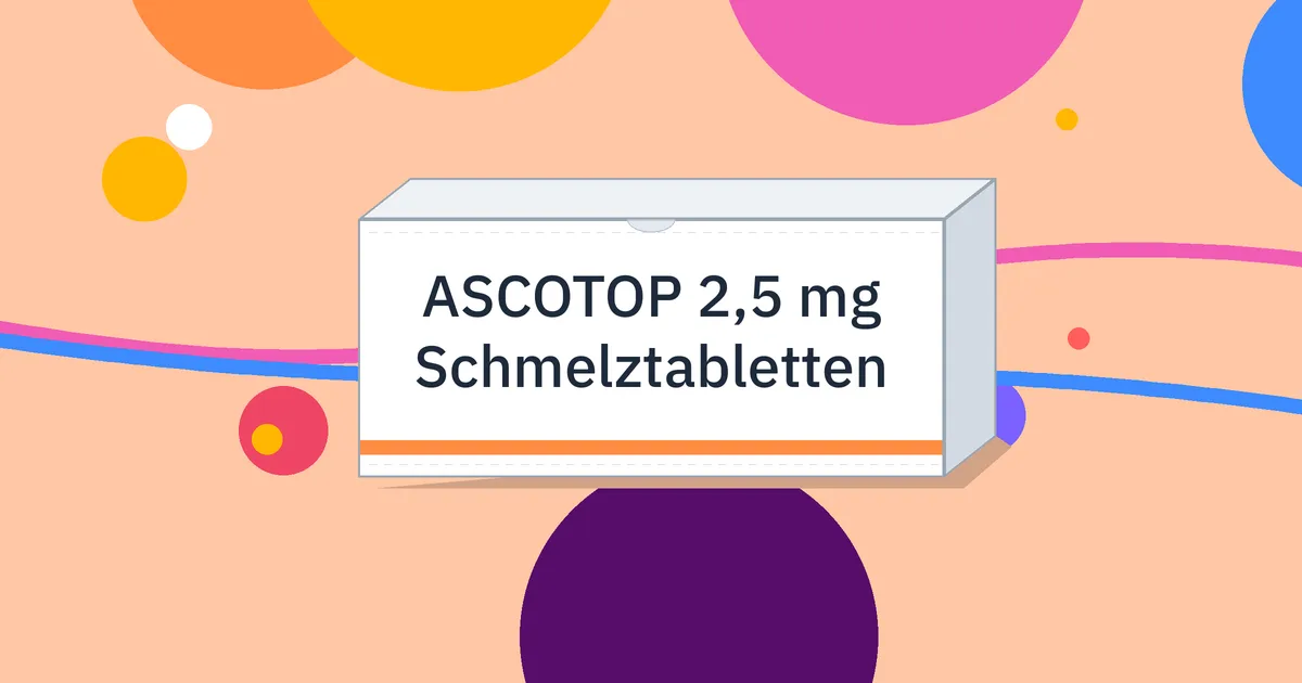 Symbolbild: Packung mit der Aufschrift ASCOTOP 2,5 mg Schmelztabletten (PZN 02732718) – Verfügbarkeit und Bezug in Apotheken in Frankfurt am Main