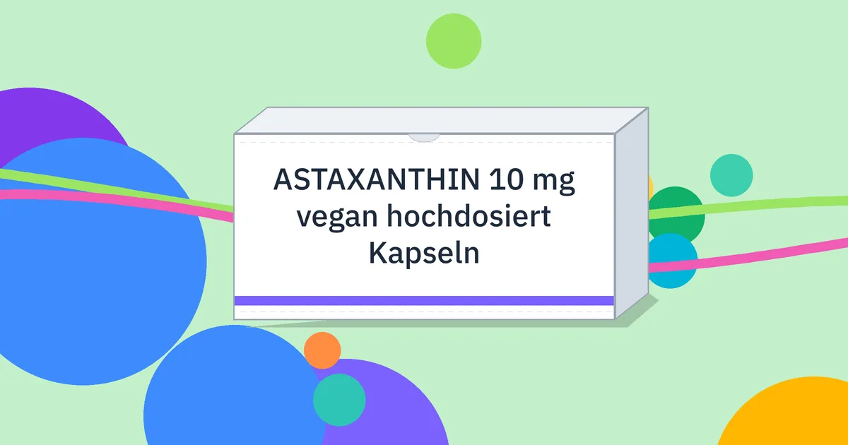 Symbolbild: Packung mit der Aufschrift ASTAXANTHIN 10 mg vegan hochdosiert Kapseln (PZN 19228036) – Verfügbarkeit und Bezug in Apotheken in Frankfurt am Main