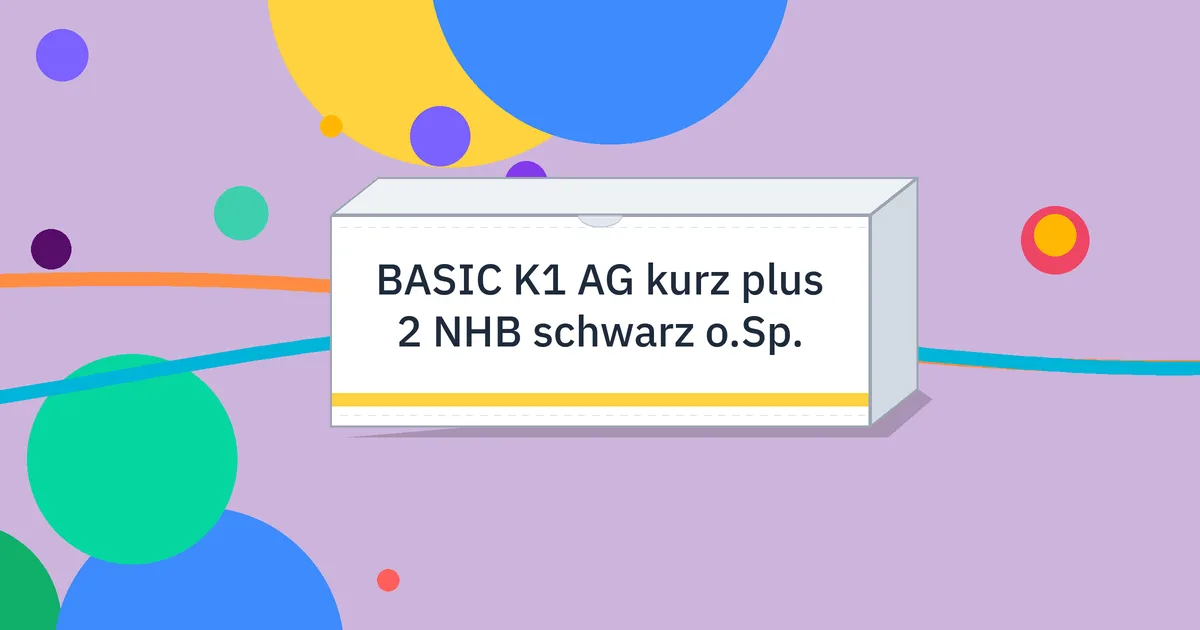 Symbolbild: Packung mit der Aufschrift BASIC K1 AG kurz plus 2 NHB schwarz o.Sp. (PZN 20259993) – Verfügbarkeit und Bezug in Apotheken in Frankfurt am Main