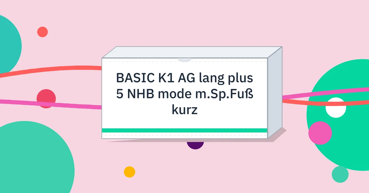 Symbolbild: Packung mit der Aufschrift BASIC K1 AG lang plus 5 NHB mode m.Sp.Fuß kurz (PZN 20261553) – Verfügbarkeit und Bezug in Apotheken in Frankfurt am Main