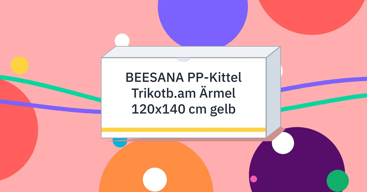 Symbolbild: Packung mit der Aufschrift BEESANA PP-Kittel Trikotb.am Ärmel 120x140 cm gelb (PZN 11363042) – Verfügbarkeit und Bezug in Apotheken in Frankfurt am Main