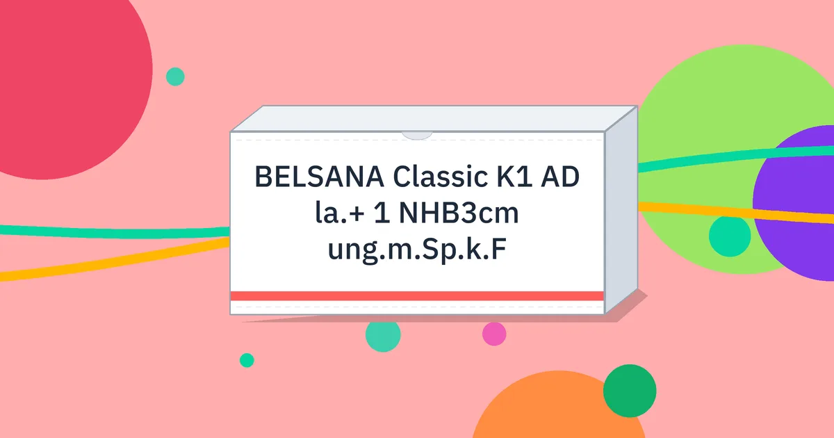 Symbolbild: Packung mit der Aufschrift BELSANA Classic K1 AD la.+ 1 NHB3cm ung.m.Sp.k.F (PZN 19254559) – Verfügbarkeit und Bezug in Apotheken in Frankfurt am Main