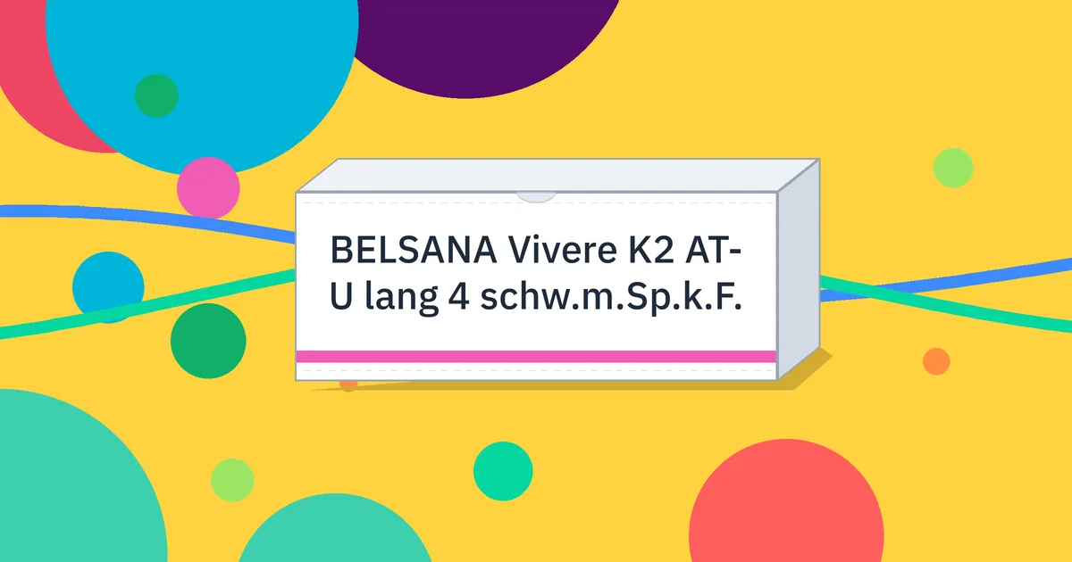 Symbolbild: Packung mit der Aufschrift BELSANA Vivere K2 AT-U lang 4 schw.m.Sp.k.F. (PZN 08538437) – Verfügbarkeit und Bezug in Apotheken in Frankfurt am Main