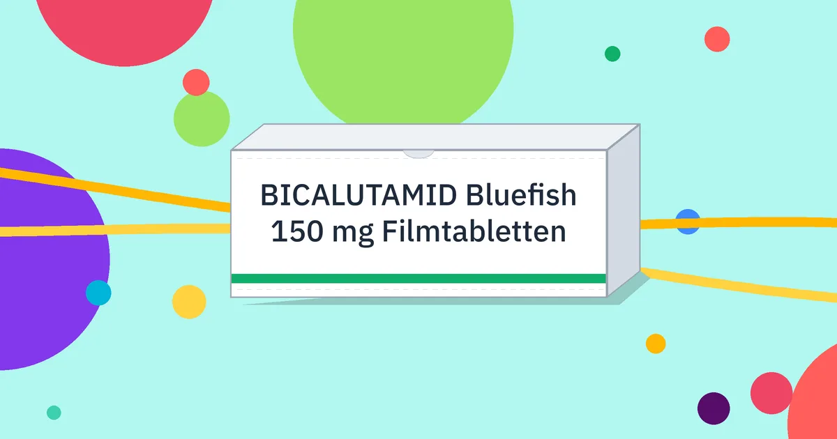 Symbolbild: Packung mit der Aufschrift BICALUTAMID Bluefish 150 mg Filmtabletten (PZN 19168363) – Verfügbarkeit und Bezug in Apotheken in Frankfurt am Main