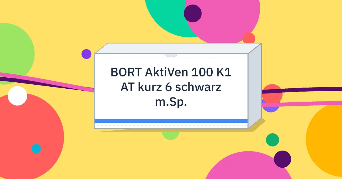 Symbolbild: Packung mit der Aufschrift BORT AktiVen 100 K1 AT kurz 6 schwarz m.Sp. (PZN 14389208) – Verfügbarkeit und Bezug in Apotheken in Frankfurt am Main