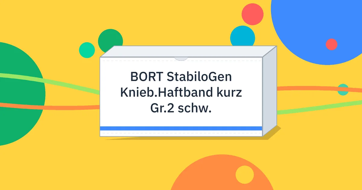 Symbolbild: Packung mit der Aufschrift BORT StabiloGen Knieb.Haftband kurz Gr.2 schw. (PZN 19634747) – Verfügbarkeit und Bezug in Apotheken in Frankfurt am Main