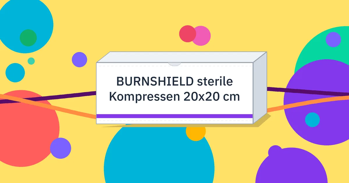 Symbolbild: Packung mit der Aufschrift BURNSHIELD sterile Kompressen 20x20 cm (PZN 09330182) – Verfügbarkeit und Bezug in Apotheken in Frankfurt am Main