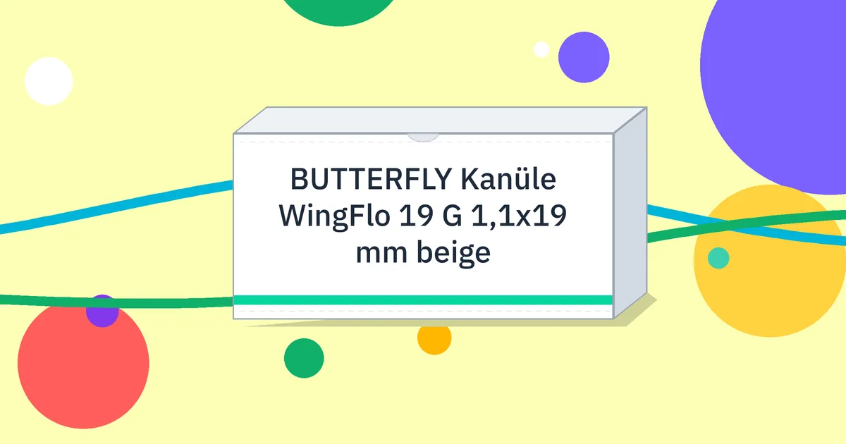Symbolbild: Packung mit der Aufschrift BUTTERFLY Kanüle WingFlo 19 G 1,1x19 mm beige (PZN 18054924) – Verfügbarkeit und Bezug in Apotheken in Frankfurt am Main