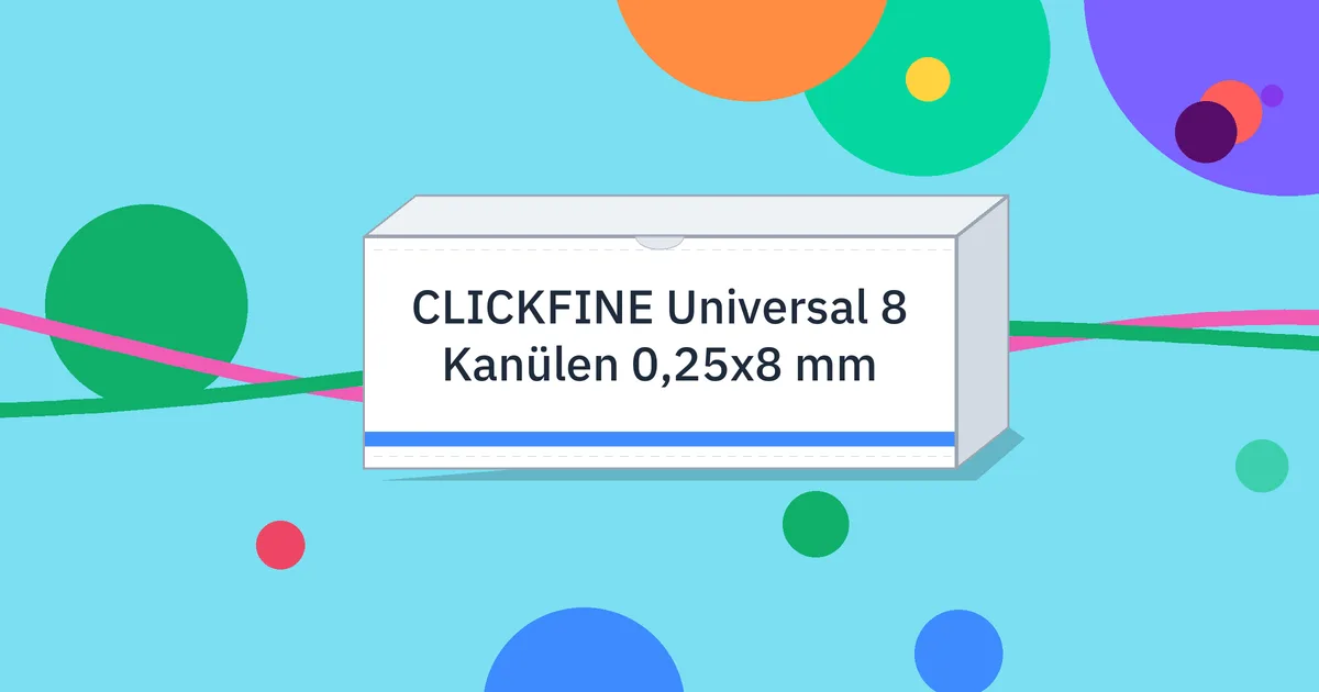 Symbolbild: Packung mit der Aufschrift CLICKFINE Universal 8 Kanülen 0,25x8 mm (PZN 19699304) – Verfügbarkeit und Bezug in Apotheken in Frankfurt am Main